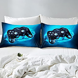 Gaming Bedding Set Kids Bed Sheet Set Full Size Soft Microfiber Gamer Console Video Game Fitted Sheet Boys Teens Game Room Decor Bed Cover with 2 Pillow Case (Flat Sheet not Included), Blue