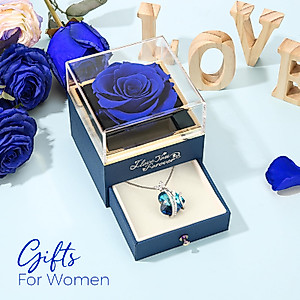 NEWNOVE Preserved Blue Real Rose with Butterfly Necklace, Gifts for Women, Wife, Mom and Girlfriend on Christmas, Anniversary Birthday Flower Gifts for Women