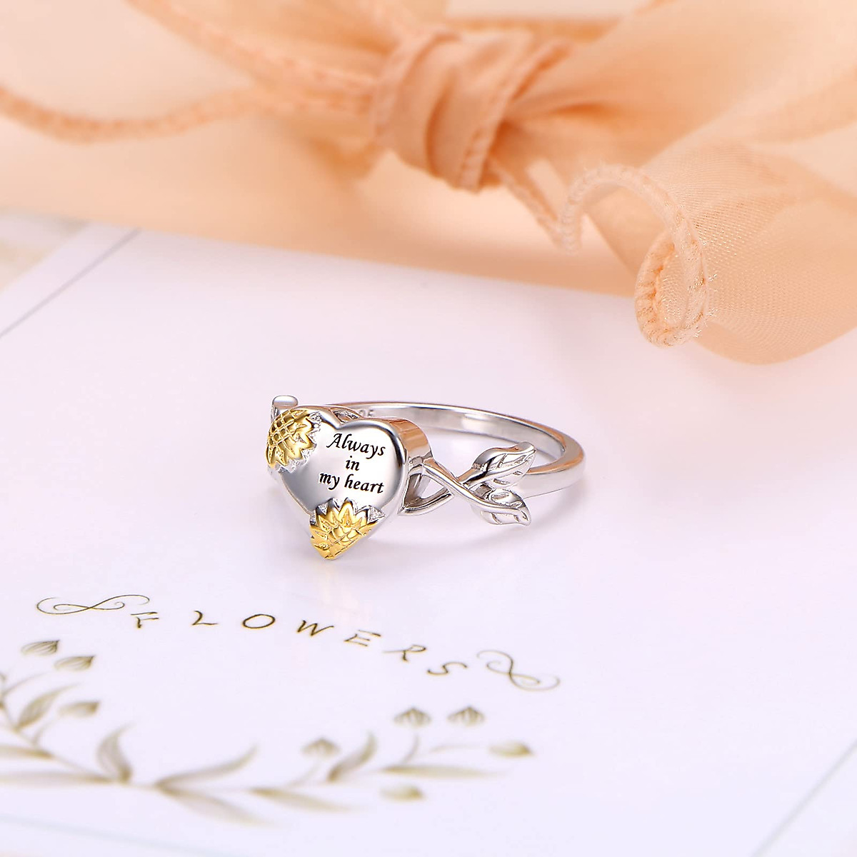 Sunflower Urn Ring for Ashes 925 Sterling Silver Cremation Jewelry Ashes Keepsake Ring for Women Memorial Jewelry Bereavement Gift Size 8