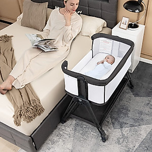 BABY JOY Bassinet Bedside Sleeper, Easy Folding Baby Crib w/All-Side Mesh, Storage Shelf, 7 Adjustable Heights, Mattress & Travel Bag for Safe Co-Sleeping, Portable Baby Bed for Newborn Infant -Gray