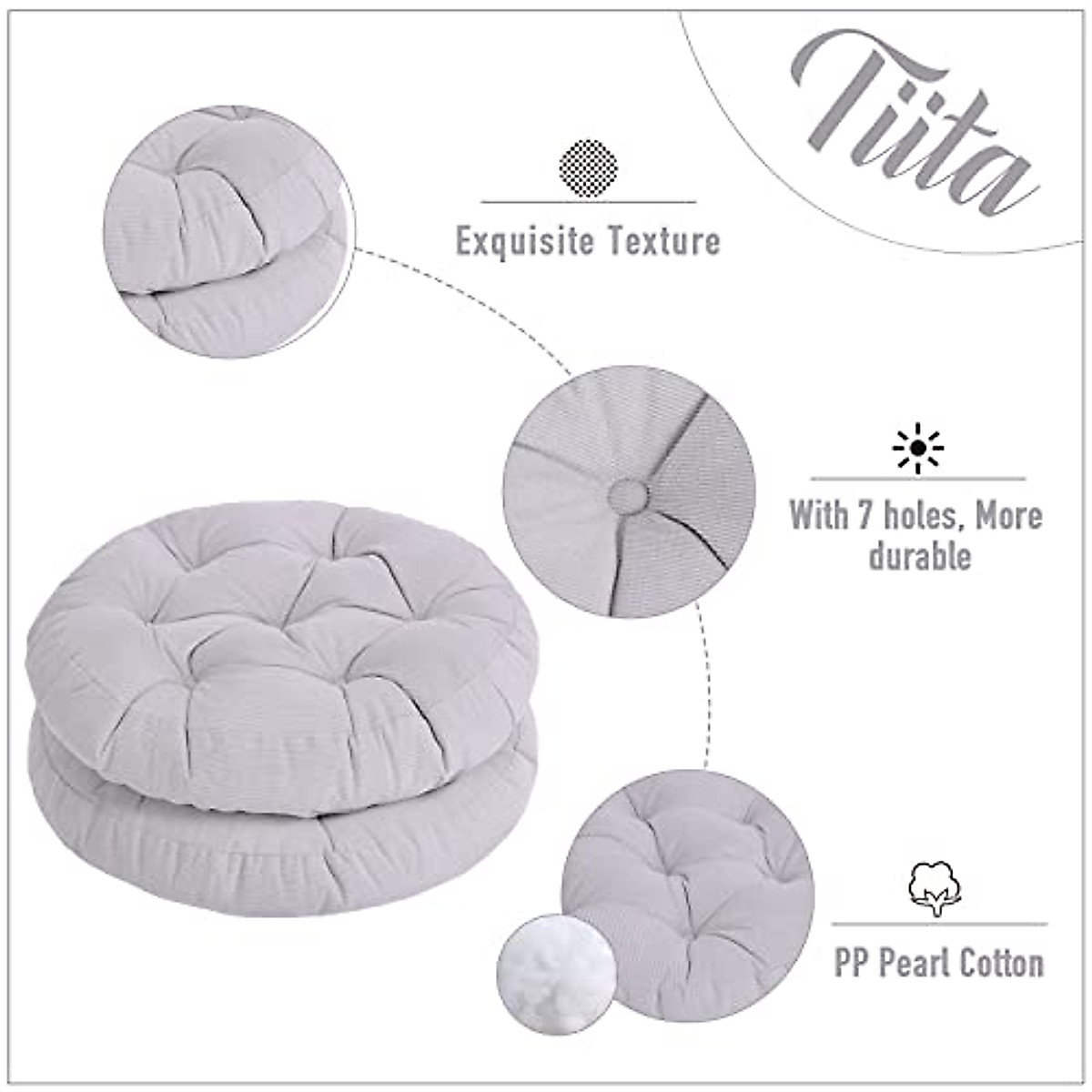 Tiita Patio Chair Cushions Round Seat Pillows Set of 2 Floor Pads 16 x 16 inch Throw Cushion for Indoor/Outdoor Furniture Sitting Living Room Garden, Grey