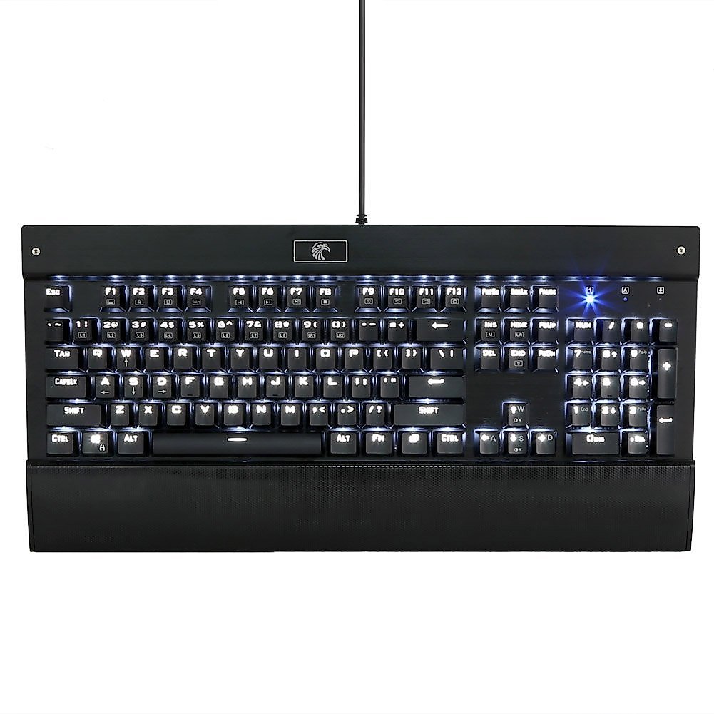 HUO JI E-Element MechanicalEagle Z-77 White LED Backlit Gaming Keyboard, 104 Keys Anti-Ghosting, with Blue Switches, Wrist Rest (Black)