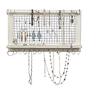 Besti Wooden Wall Mount Organizer for Jewelry - Organizing Accessories Holder with Rustic Vintage Design - Bracelet Rod, Shelf, Metal Hooks - Hanging Storage and Display for Earrings, Necklaces, Rings