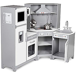 Amazon Basics Kids Corner Wooden Kitchen Toy Playset with Stove, Oven, Sink, Fridge and Accessories, for Toddlers, Preschoolers, Children Age 3+ Years, White & Gray, 39.37"L x 28.35"W x 35.04"H