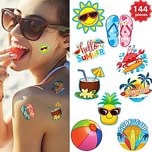Patelai 144 Pieces Kids Summer Party Tattoos Beach Hawaiian Luau Themed Waterproof Temporary Tattoos, 9 Styles