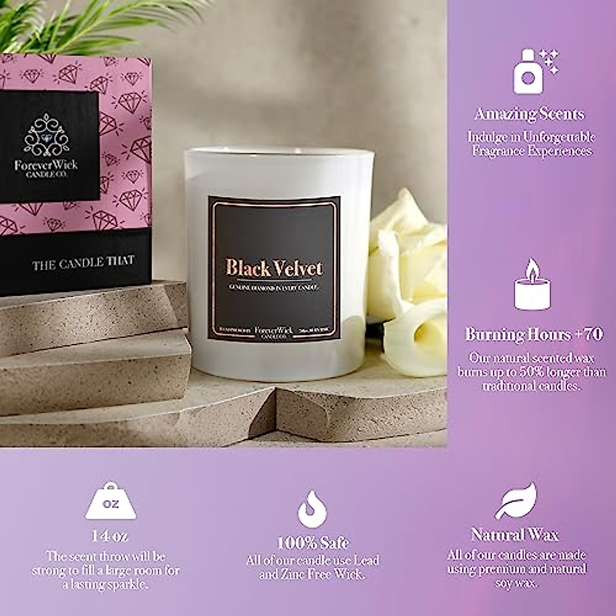Foreverwick Black Velvet Majestic Moss Surprise Soy Wax Candle with Diamond Inside 14Oz Jar, Large Candles, Scented, Gift Women, Glass, Large Size, Double Pour Inspired, 70 Hours
