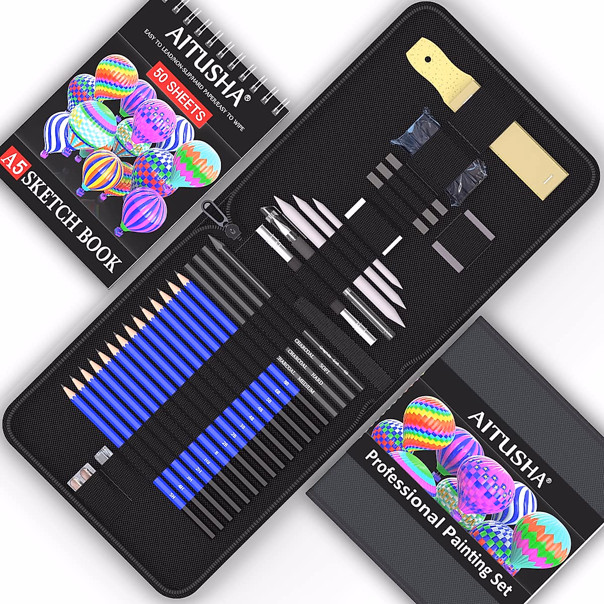 AITUSHA 36-Piece Professional Sketch Pencil Set with 50-Page Drawing Pad: Perfect Art Supplies for Artists, Beginners, Adults, and Teens