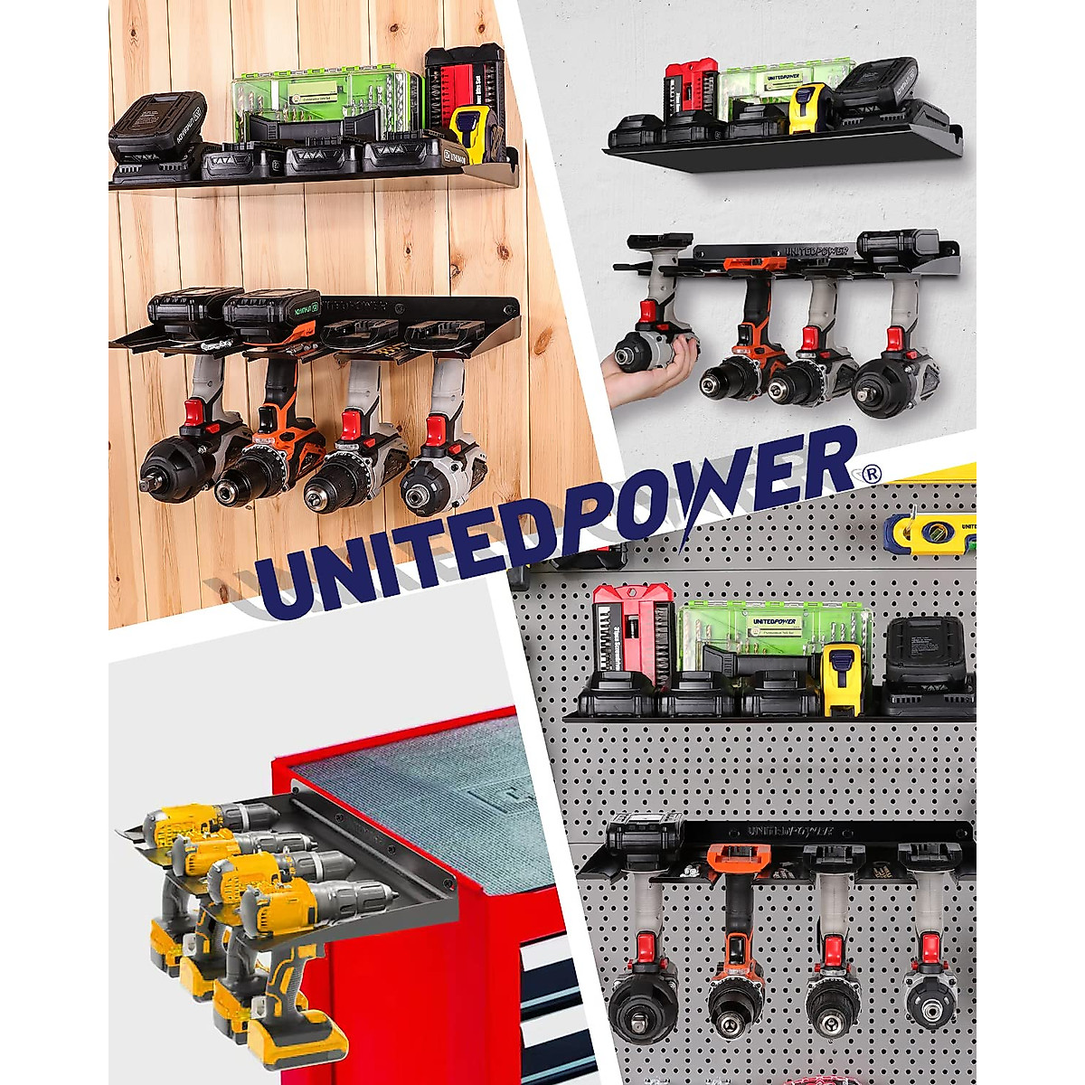 UNITEDPOWER Electric Drill Storage Rack, Holds 4 Drills, 2022 Upgraded Wall Mounted Power Tool Organizer for Workshop, Shed, Garage, Home (Drill Rack)