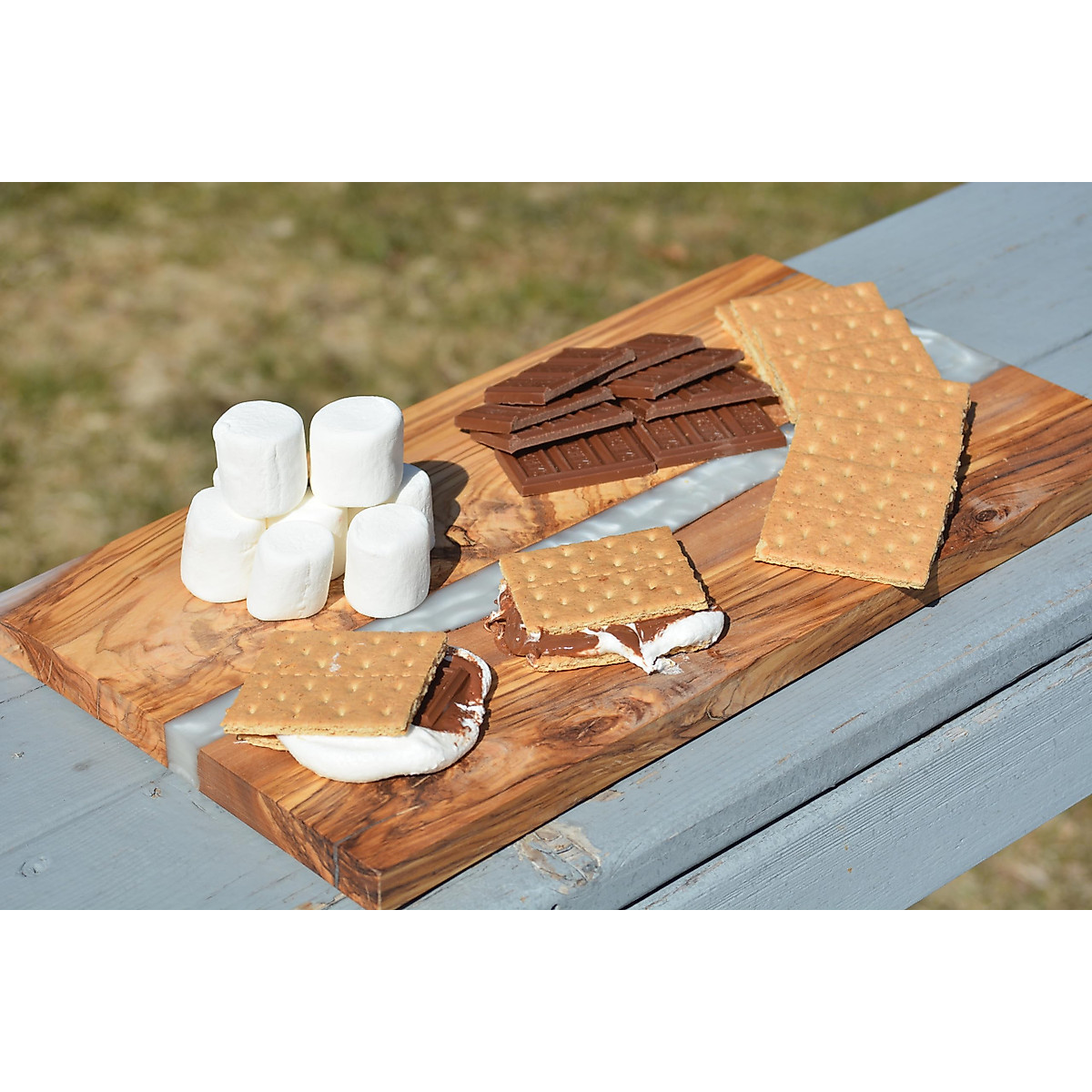 THE LIVE EDGE - Olive Wood Beautiful Charcuterie Board with Grey Resin | Epoxy Wood Cutting Board | Handmade Large Charcuterie Board | Wooden Cheese Board Set | Modern Cool Charcuterie Boards Gift Set