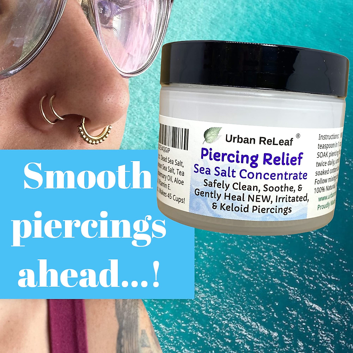 Urban ReLeaf PIERCING RELIEF Sea Salt Concentrate AFTERCARE ! Safely Clean, Soothe & Gently Calm New Irritated & Keloid Bump Piercings. Effective NON-iodized Dead Sea Salt, Tea Tree Rosemary