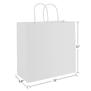 PAICUIKE White Kraft Paper Bags With Handle, Retail Shopping Bags Bulk, Gift Bags Large For Lunch, Takeaway, Grocery, Party and Wedding 11×6×11" 100Pcs