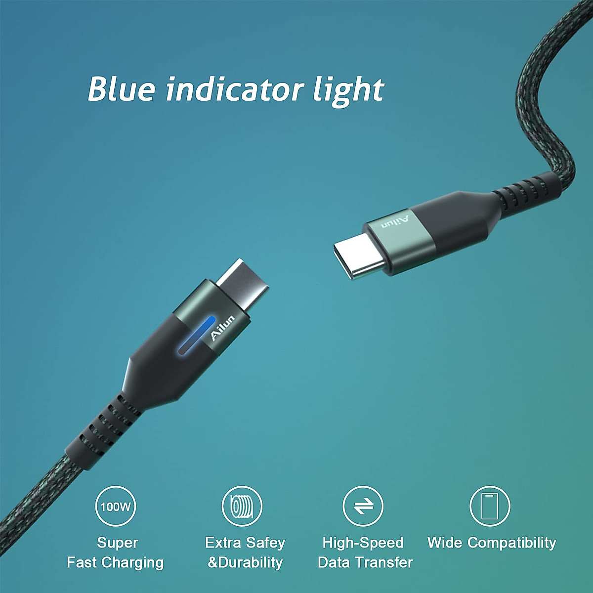 Ailun USB C Cable with LED Light Indicator USB C to C 100W PD Fast Charge Illuminated Nylon Braided 2Pack [6ft] for iPhone 15/15 Pro/15 Plus/15 Pro Max,Galaxy S24/S24 Plus/S24 Ultra/S23/S22/S21/S20
