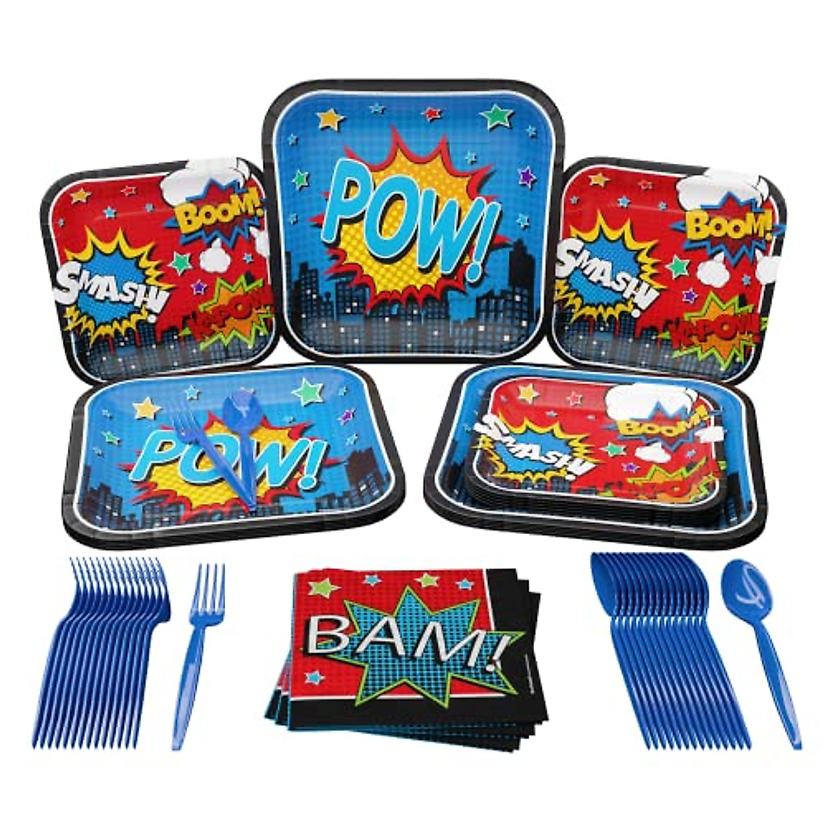 Superhero Party Supplies Packs (100 Pieces for 16 Guests) - Superhero Party Decorations, Super Hero Birthday Party for Boys, Plates and Napkins Superhero Party Supplies, Blue Orchards