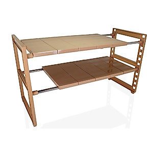 Katai - 2 Tier Under Sink Adjustable Shelf Organizer Rack in Coffee - Expandable from 15 inch to 26 inch (40cm - 70cm) with 10 Removable Shelves - Complete with Waterproof Anti-Slip Mat