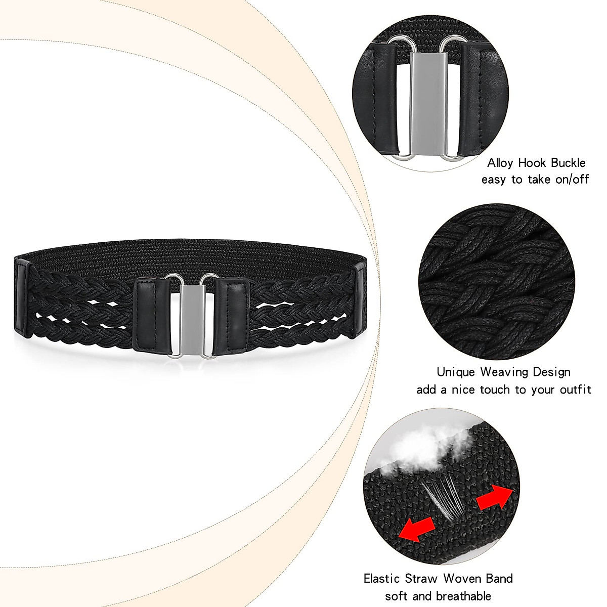 JASGOOD Straw Woven Elastic Belt Summer Boho Braided Dress Belt Women Stretch Waist Belt, C-Black, Fit Waist 30"-34"