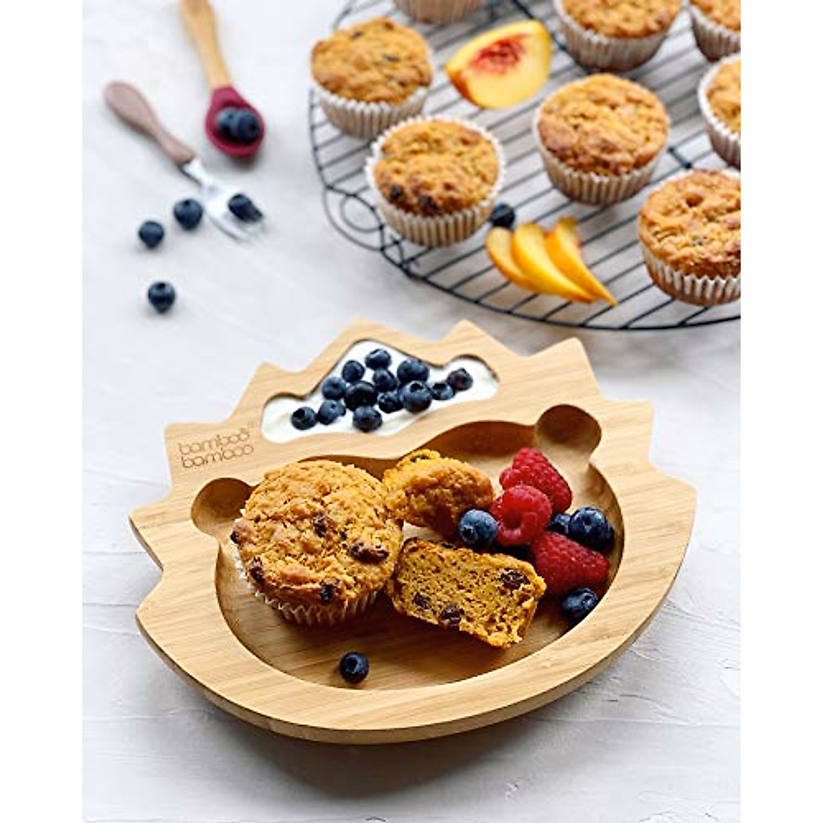 Bamboo Baby Plate with Suction - Kids and Toddler Suction Cup Plate for Babies, Non-Toxic All-Natural Bamboo Baby Food Plate Stays Cool to The Touch for Baby-Led Weaning (Hedgehog-Green)