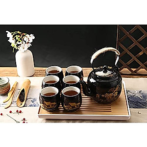 Dujust Japanese Tea Set, Black Porcelain Tea Set with 1 Teapot Set, 6 Tea Cups, 1 Tea Tray, 1 Stainless Infuser, Beautiful Asian Tea Set for Adults, Tea Lover/Women/Men (Countryside in Golden)