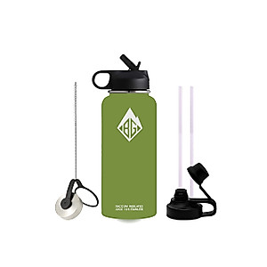 Blazin Goods Stainless Steel, Leak Proof, Vacuum Insulated Stainless Steel, Double Walled Water Bottle | 3 Lids, 2 Straws, 1 Wire cleaning brush (Olive/Drab, 32 Oz)