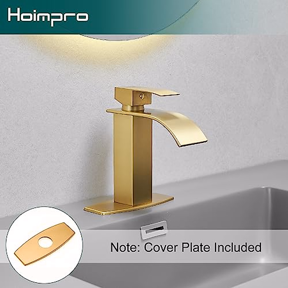Hoimpro Brushed Gold Waterfall Spout Single Hole Bathroom Faucet, Stainless Steel Single Lever Bathroom Vanity Sink Faucet with Drain, cUPC Hose and Deck Plate