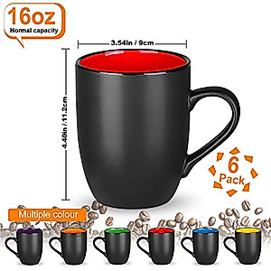 Farielyn-X 6 Pack Coffee Mug Set, 16 Ounce Ceramic Coffee Cups, Black Large Coffee mugs, Restaurant Coffee Cups for Coffee, Tea, Cappuccino, Cocoa, Cereal, Matte Black Outside and Colorful Inside
