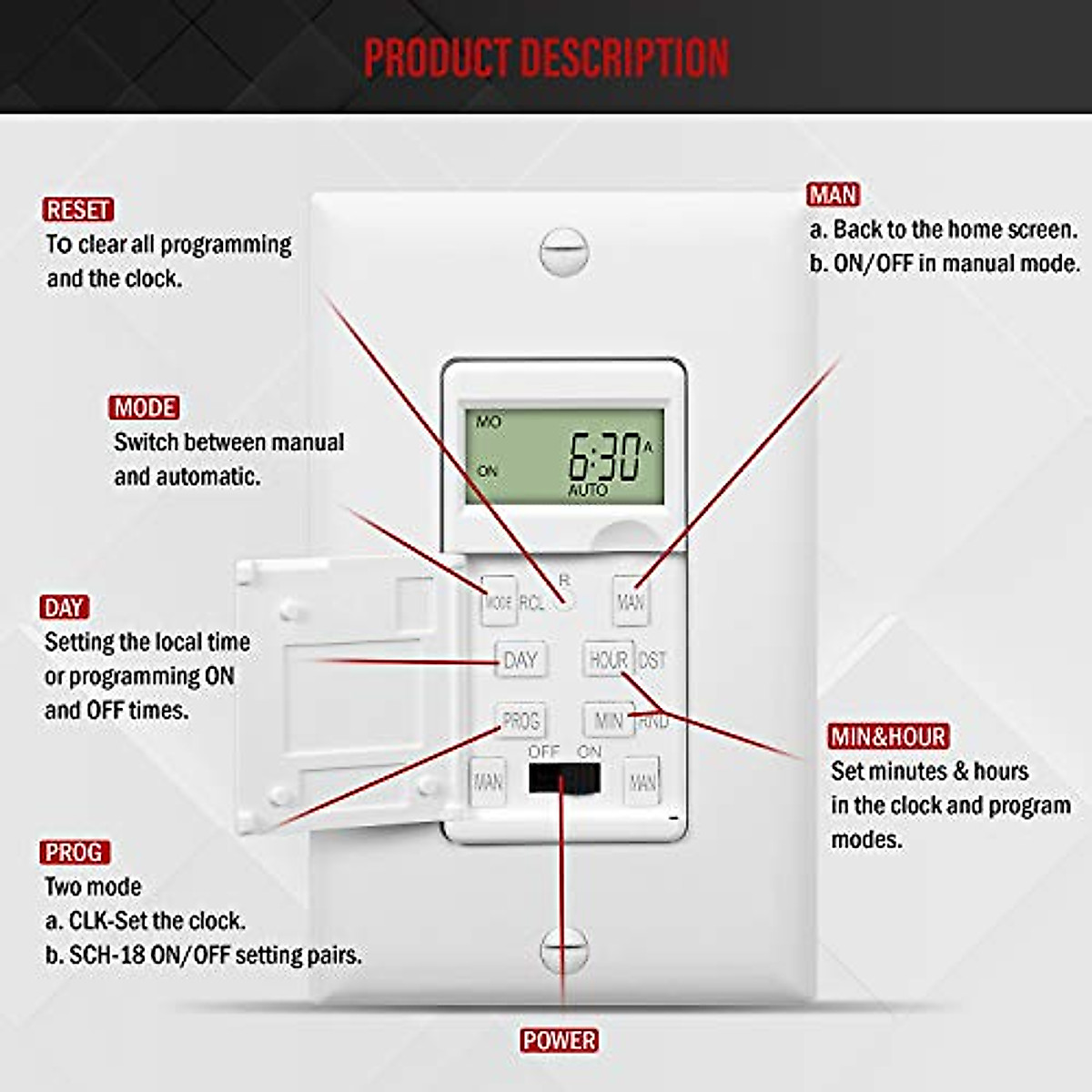 ENERLITES - HET01-C-W Programmable Digital Timer Switch for Lights, Fans, Motors, 7-Day 18 ON/OFF Timer Settings, Single Pole, Neutral Wire Required, UL Listed, HET01-C, White