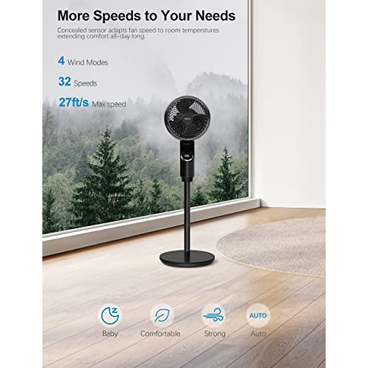 Pedestal Fan for Bedroom,VCK 42“ Standing Floor Fan with 360° Oscillating Air Circulator,32 Speeds,4 Modes,24db Ultra Quiet DC Motor,24H Timer,Child Lock,Smart Remote Control for Home, Office, Indoor