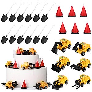 Yerliker 24 Pcs Construction Party Decoration Set Construction Cone Shaped Cake Candles 6 Construction Truck Excavator Cake Toppers 12 Plastic Shovel Shape Spoons for Kids Boy Birthday