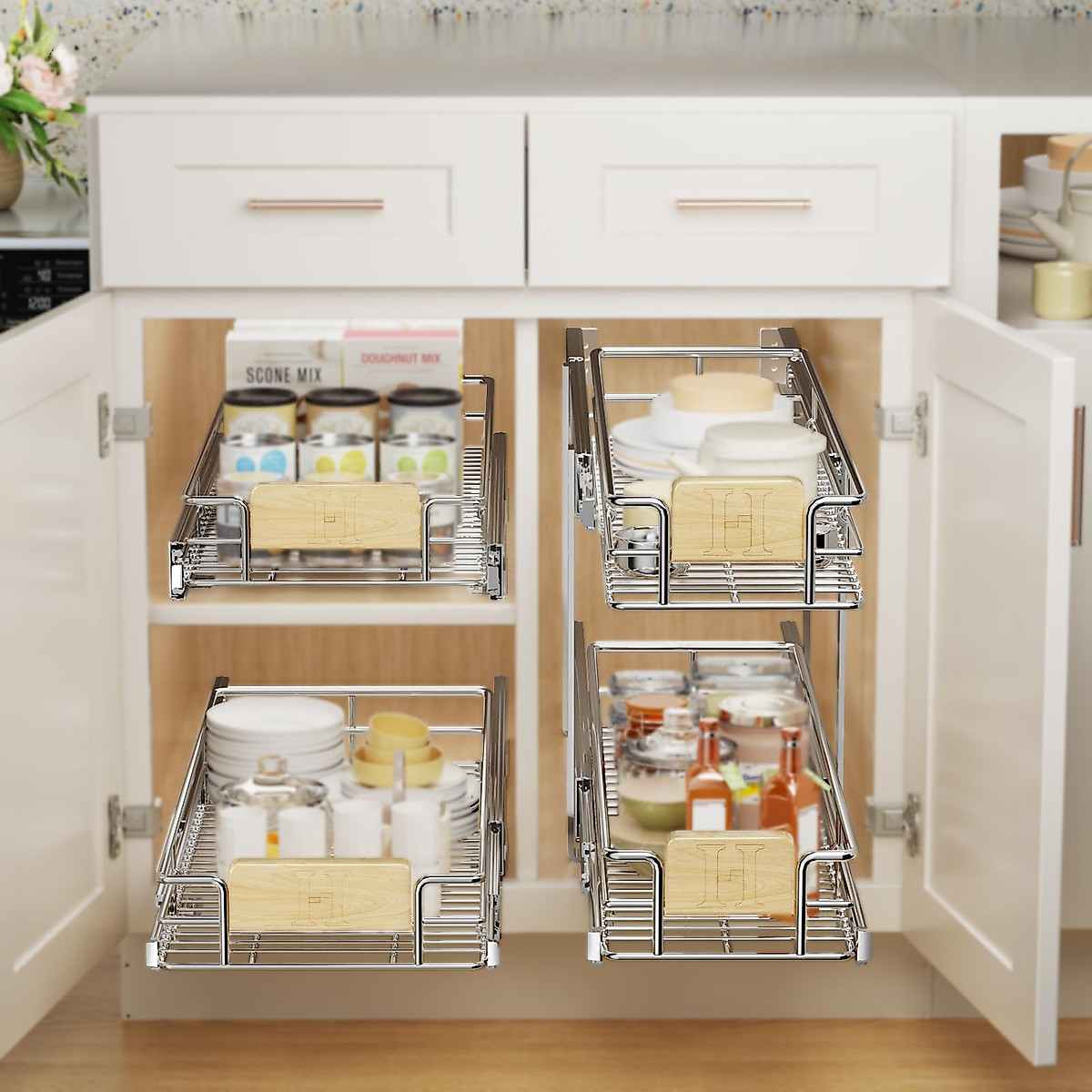 LOVMOR 2 Tier Pull Out Cabinet Organizer 7½" W x 21½" D, Slide Out Drawers with Wooden Handle, Sliding Shelves Organization and Storage for Kitchen, Pantry