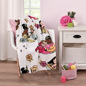 Disney Princesses Courage and Kindness Pink, Blue and White Ariel, Rapunzel, Tiana, Cinderella, Mulan, and Belle Super Soft Toddler Blanket