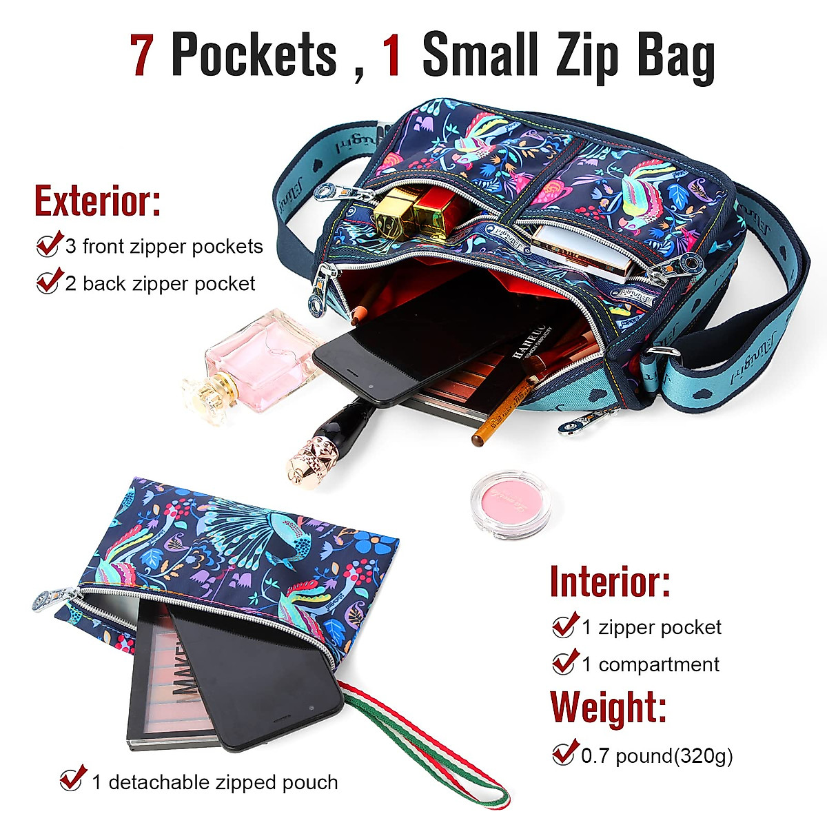 Oudduo Women Lady Shoulder Handbag Phoenix Nylon Casual Fashion Shoulder Bag Waterproof Travel Crossbody Bag Multiple Compartments (Birds)