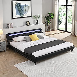 HAUSHECK King Size Upholstered Platform Bed, LED Bed Frame with Lights Headboard, Modern Faux Leather Bedframe No Spring Box Needed for Kids, Teen & Adults, King Beds with Strong Wood Slats Support