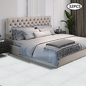 LOHISHIL 32PCS 12 * 12in Stick Floor Tile White Floor Tiles Self, Adhesive Wall Tiles Peel and Stick Floor Tiles Bathroom Floor Stickers for Kitchen, Bedroom, Hallways, Garages, Lobbies(White)