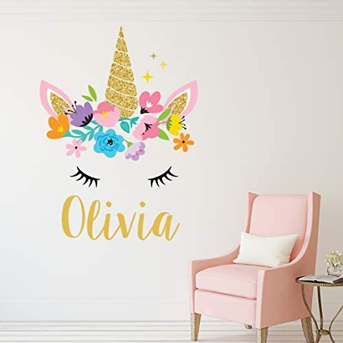 Unicorn Wall Decal Art Personalized Name Wall Decals Girls Bedroom Nursery Wall Decor Removable Vinyl Wall Stickers ND15 (24"W x 16"H inches)