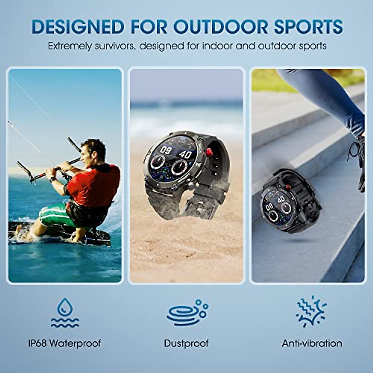 PUREROYI Smart Watch for Men Bluetooth Call (Answer/Make Call) IP68 Waterproof 1.32'' Military Tactical Fitness Watch Tracker for Android iOS Outdoor Sports Smartwatch(Black)
