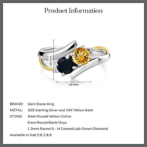 Gem Stone King 925 Sterling Silver and 10K Yellow Gold Yellow Citrine Black Onyx and White Lab Grown Diamond Women Ring (1.22 Cttw, Gemstone Birthstone, Available In Size 5, 6, 7, 8, 9)