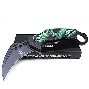 Snake Eye Tactical Everyday Carry Karambit Dragon Etched Ultra Smooth One Hand Opening Folding Pocket Knife - Ideal for Recreational Work Hiking Camping (BGN)