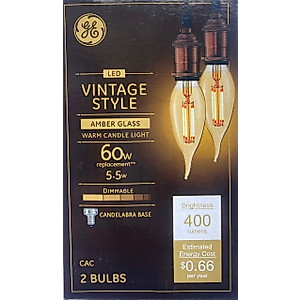 GE (2 Bulbs) Vintage Amber Glass LED Chandelier Bulb, Candelabra Base, 60 watt Equivalent, 400 lumens, Dimmable Decoractive LED Bulb