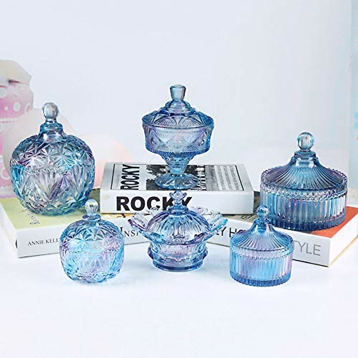 SOCOSY Royal Embossed Diamond Shaped Glass Candy Jar with Lid Jewelry Box Wedding Candy Buffet Jar Kitchen Storage Jar-Blue-10 oz