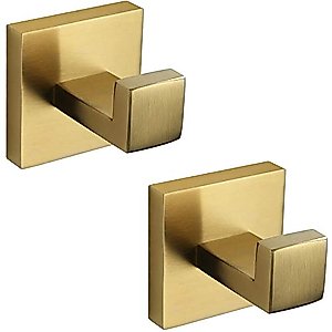 VELIMAX Premium Stainless Steel Towel Hook Square Robe Hook Coat Hook Heavy Duty Wall Mounted Luxury Hooks for Bathroom Hotel, Brushed Gold, 2-Pack