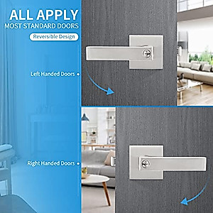 E-Home Hardware Entry/Entrance Door Handles with Locks and Same Keys for Front Exterior Door Use, Square Satin Nickel Finish Keyed Alike Door Levers Knobs for Right/Left Handed Doors, Combo Pack of 5
