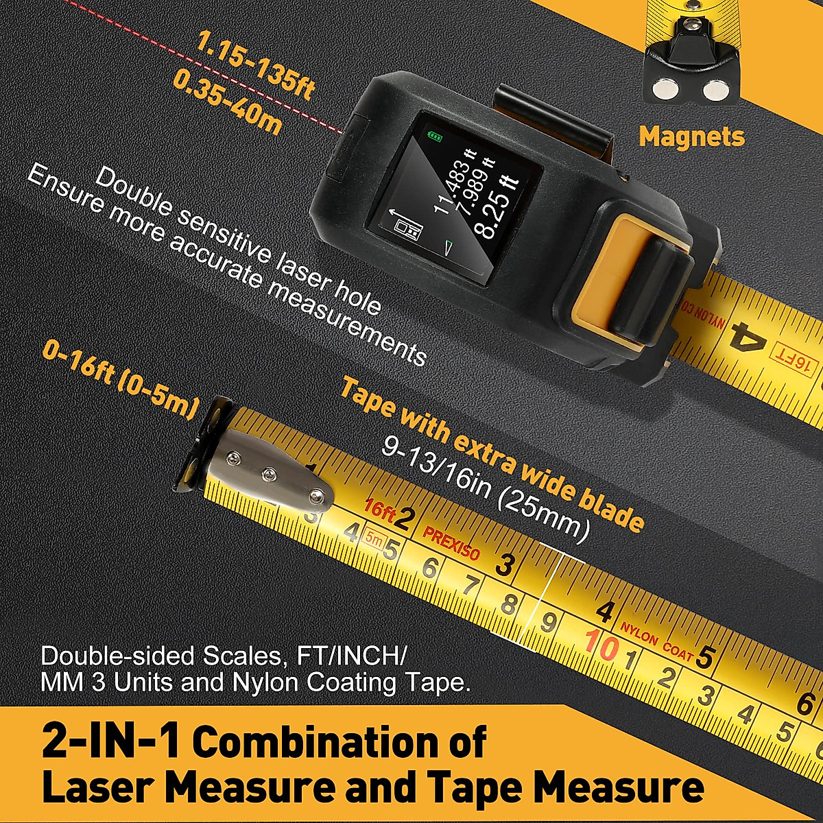 PREXISO 100Ft Rechargeable Dual Modules Laser Level & PREXISO 2-in-1 Digital 135Ft Rechargeable Laser Tape Measure - Pythagorean Mode, Area, Volume, Ft/Ft+in/in/M Unit Digital Distance Meter