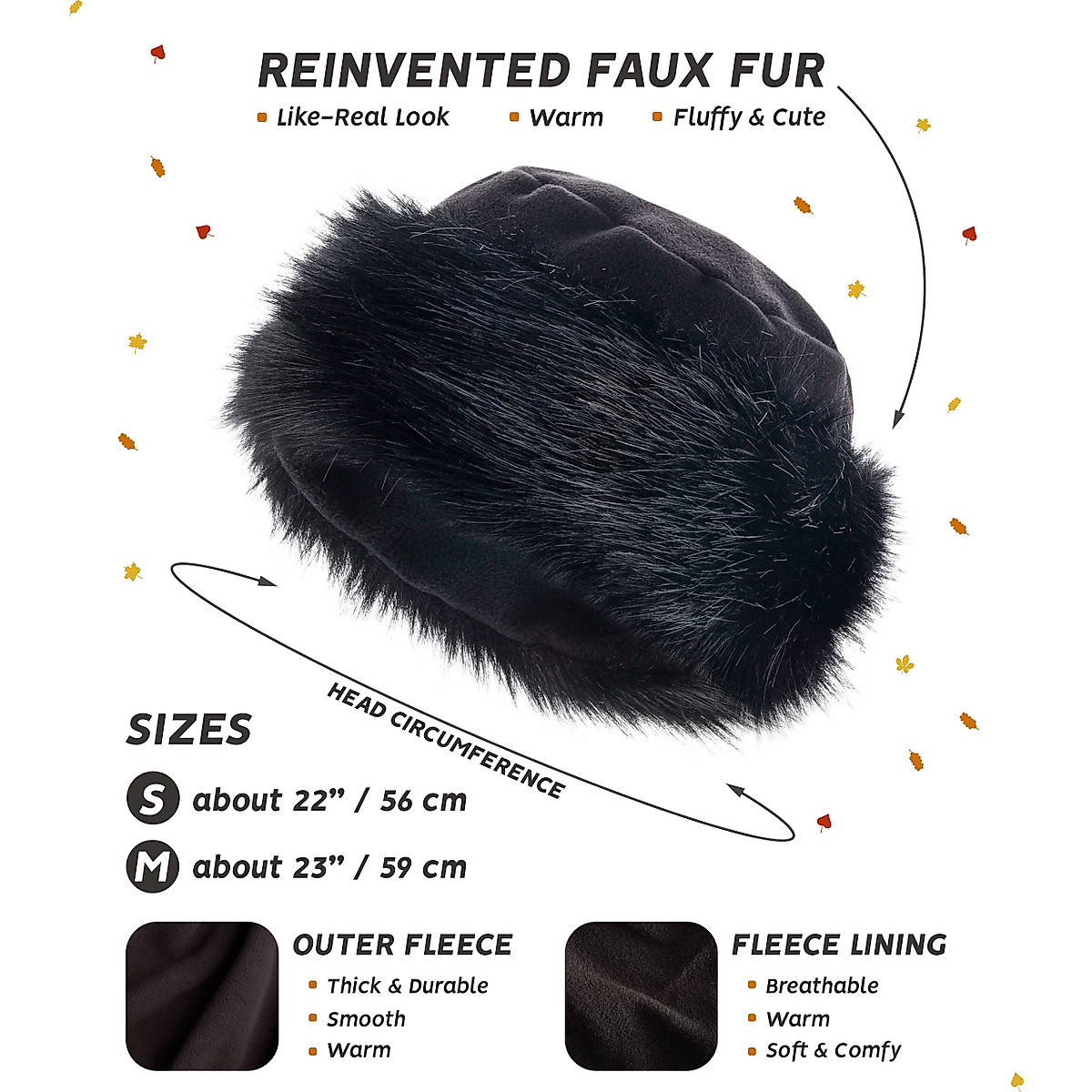 Futrzane Classic Trim Hat - Faux Fur Trimmed Hats for Women - Classy Fleece Cap (M, Black - Black Classic)