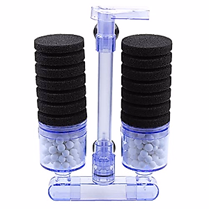 AQUANEAT Double Bio Sponge Filter, Quiet Aquarium Filter with Ceramic Media Balls, Airline Tubing and Valves Air Pump Driven, for Betta Fry Shrimp Tank (Small Up to 20 Gal)