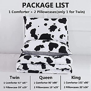 PERFEMET Cow Print Bedding Comforter Set Cartoon Milk Cow Print Bedding Set Reversible Plaid Grid Bed Sets for Kids Teens Boys Girls (Twin/Twin XL Size, Black and White)