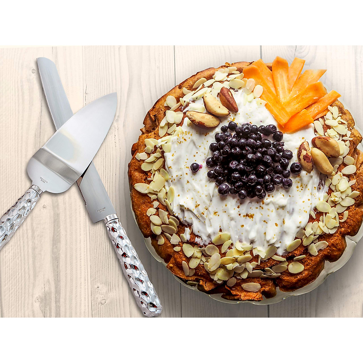 FASHIONCRAFT Hammered Design Handle Cake Knife and Server Set – Wedding Favor, One Size, Stainless Steel Blades with Shiny Silver Handles