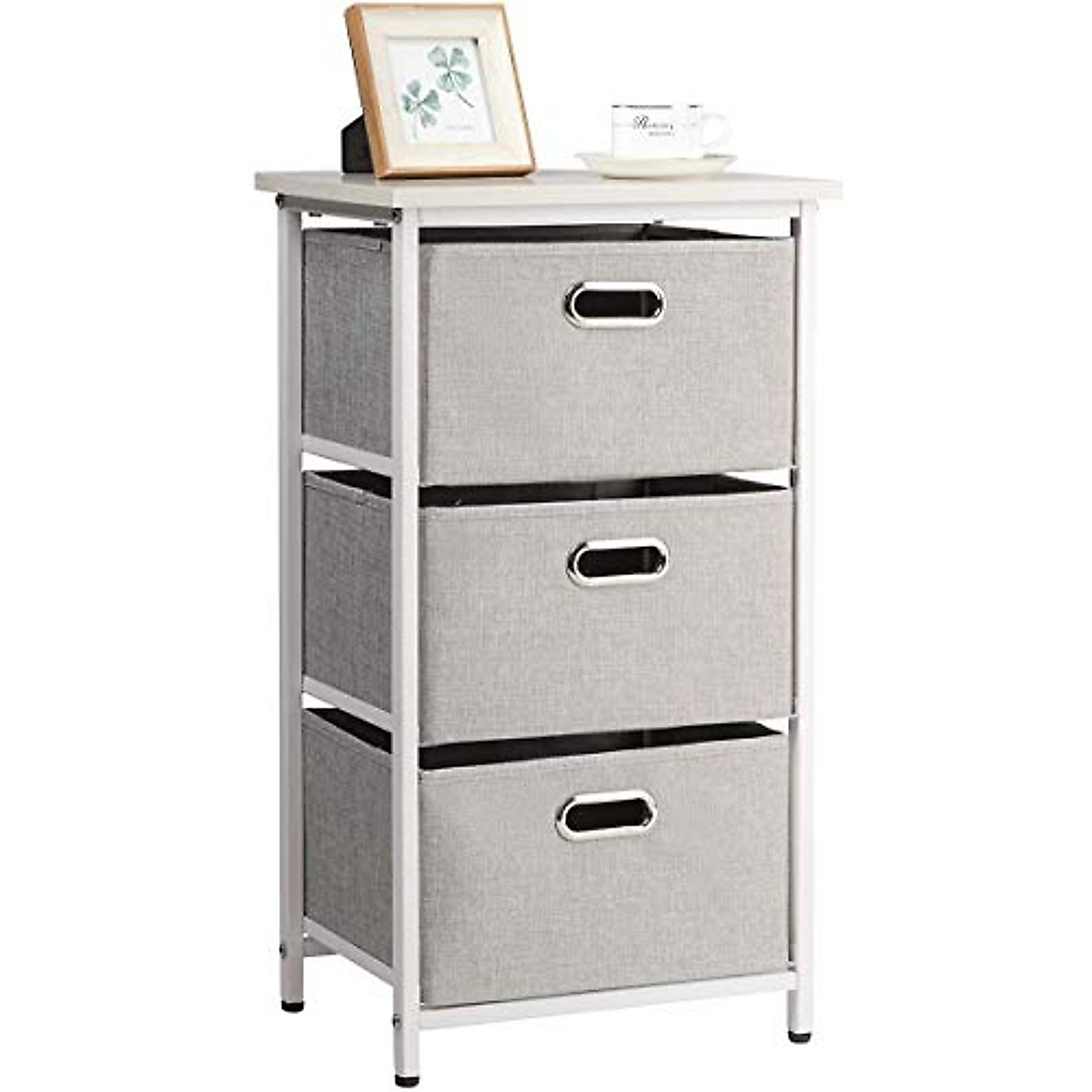 ARLIME Vertical Dresser Storage, 3-Drawer Fabric Dresser Storage Tower with MDF Top and Metal Frame, Easy Pull Storage Chest, Storage Drawer Unit for Bedroom, Hallway, Nursery Room (Grey)