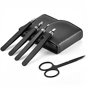 KINGMAS 5 Pcs Eyebrow Tweezers Set, Stainless Steel Brow Tweezer Scissors Set with Travel Case for Brow Facial/Ingrown Hair, Splinter (Black)