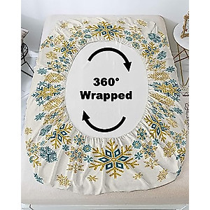 Twin Size Fitted Sheet Bed Set Christmas Abstract Snowflake Texture Deep Pocket Soft Bottom Sheets&Pillowcases for Bedroom Decor Gold Blue Snow Flower on Flax,Fits Mattress Up to 16" Deep