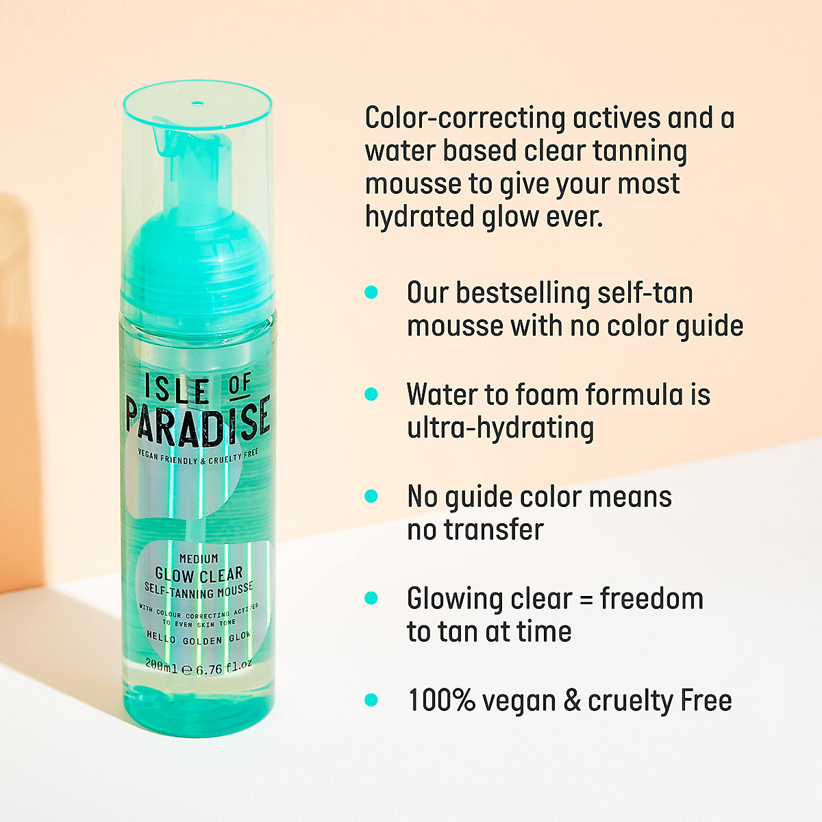 Isle of Paradise Glow Clear Self-Tanning Mousse, Medium (Golden Glow) - Red Cancelling and Color Correcting Tanning Foam, Vegan and Cruelty Free, 6.76 Fl Oz