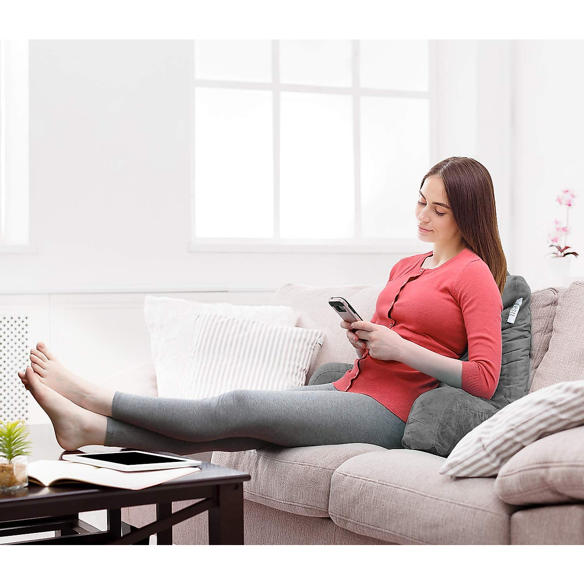 Nestl Reading Pillow Standard Bed Pillow, Back Pillow for Sitting in Bed Shredded Memory Foam Chair Pillow, Reading & Bed Rest Pillows Grey Back Pillow for Bed, Bed Chair Arm Pillow with Pockets